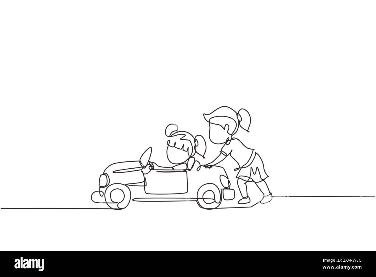 Single continuous line drawing a girl is pushing her friend's car in ...