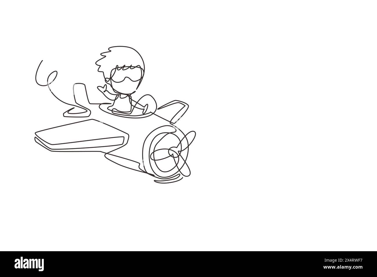 Continuous one line drawing little boy operating plane. Kids flying in ...