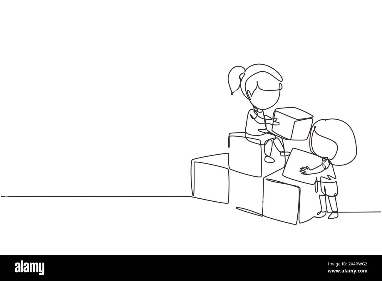 Continuous one line drawing two little girls playing blocks cube toys ...