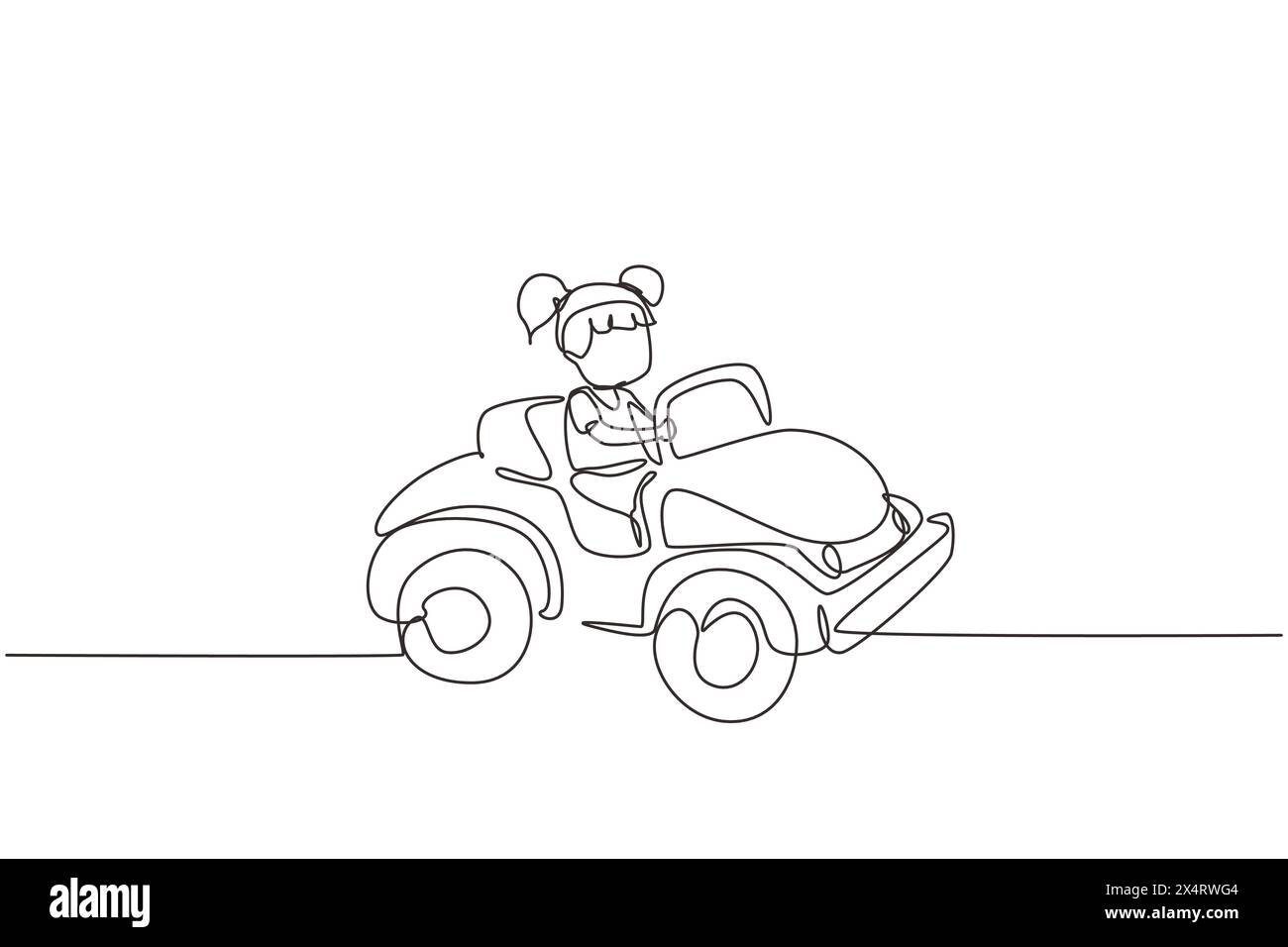 Single continuous line drawing girl driving car, happy cute child ...