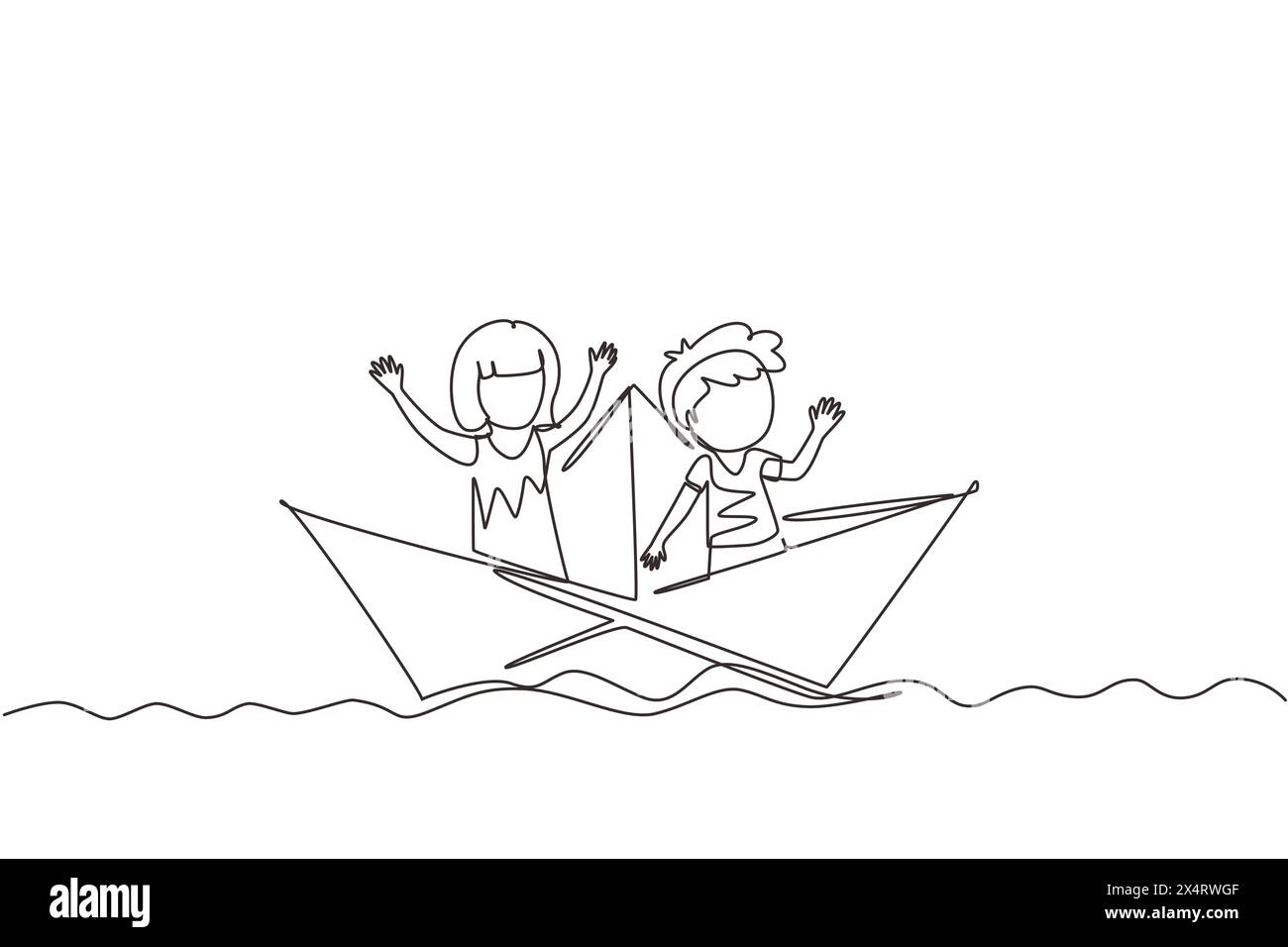 Single continuous line drawing cute boys and girls floating on paper ...