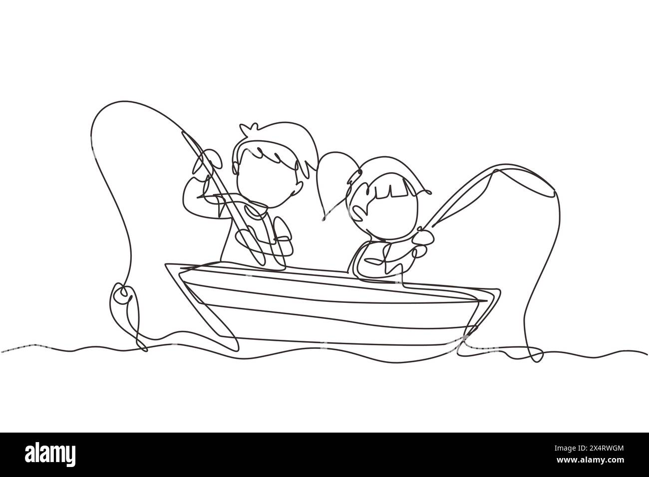 Single one line drawing smiling little boys and girls fishing together ...