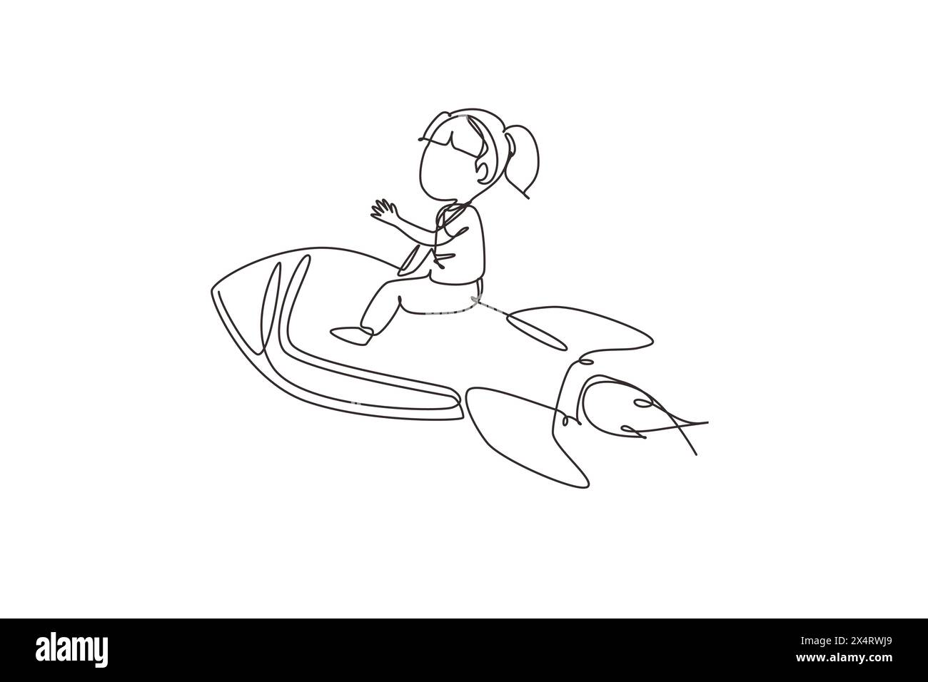 Single one line drawing happy girl is sitting on flying rocket ...