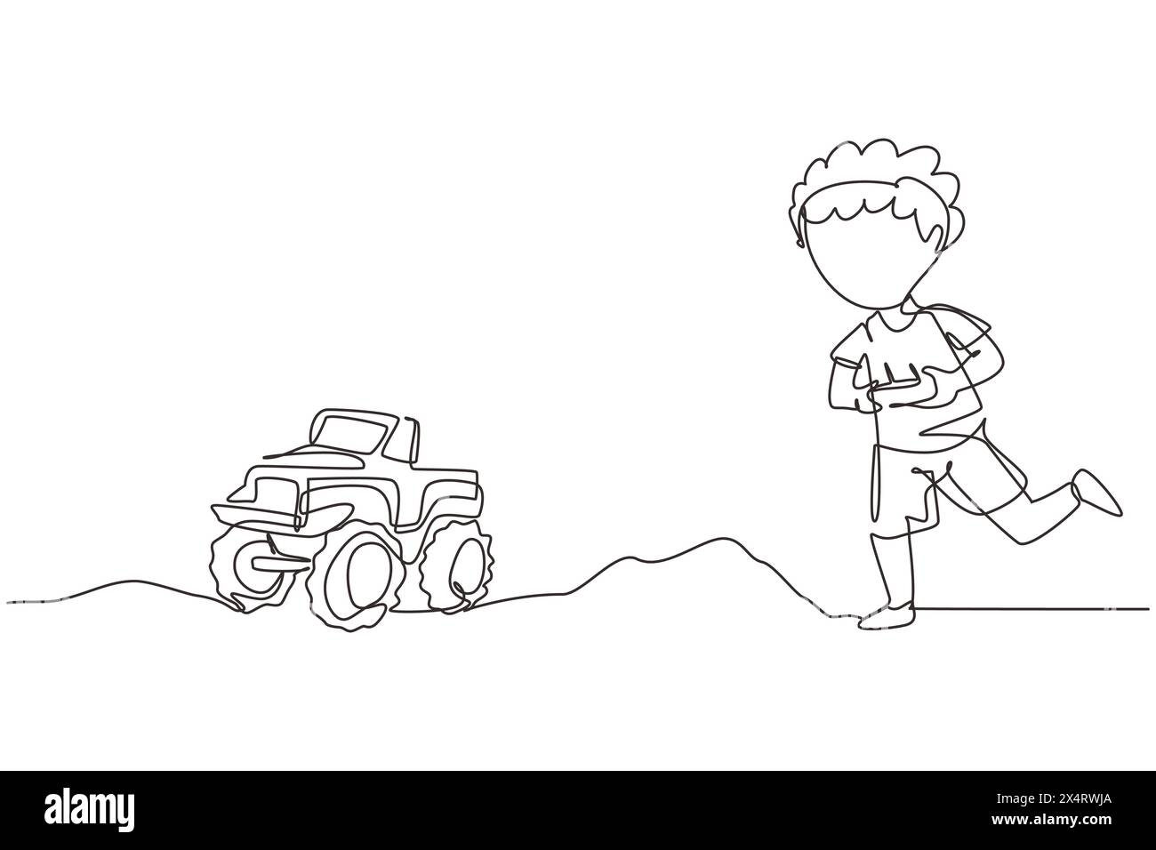 Single one line drawing boy playing with remote-controlled monster ...