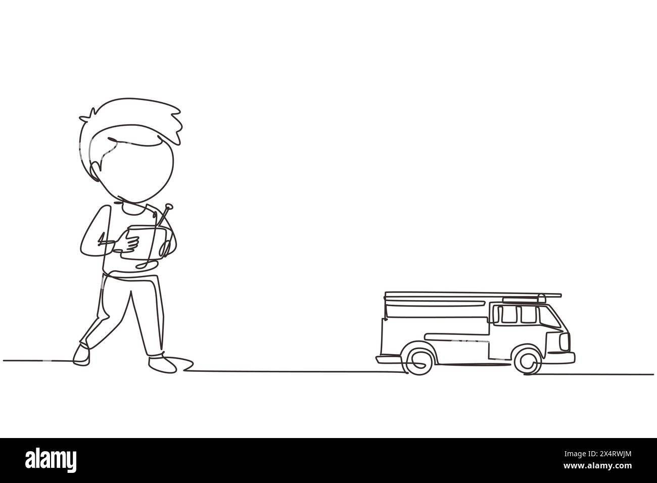 Single one line drawing boy playing with remote-controlled fire truck ...