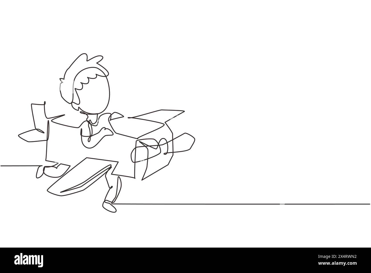 Single one line drawing creative boy playing as pilot with cardboard ...