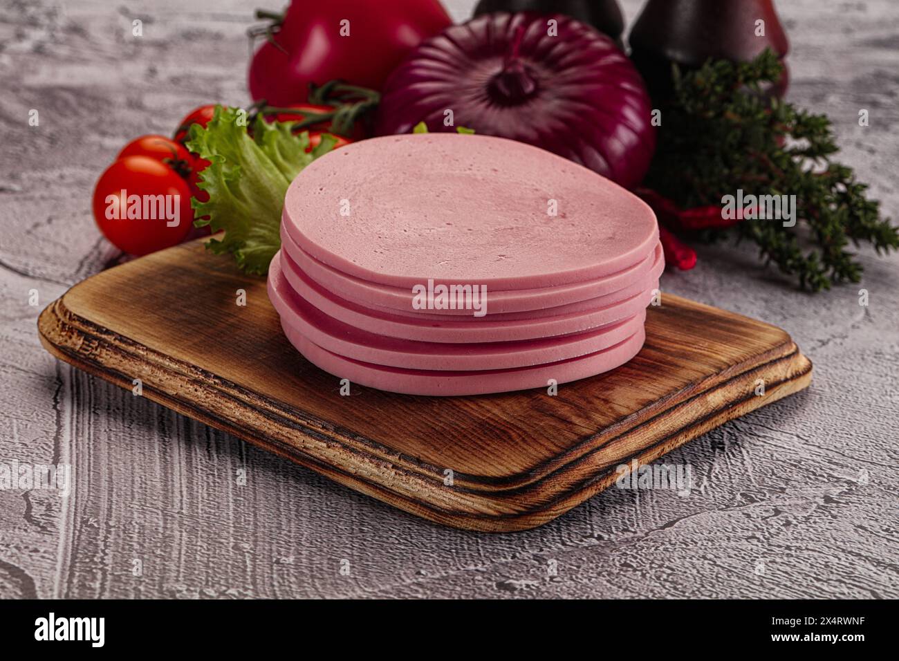 Boiled pork sliced sausage stack for breakfast Stock Photo - Alamy