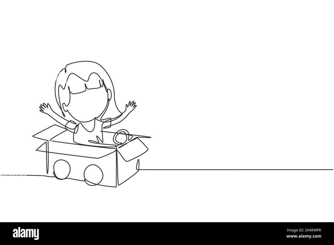 Continuous one line drawing girl driving cardboard car. Happy child ...