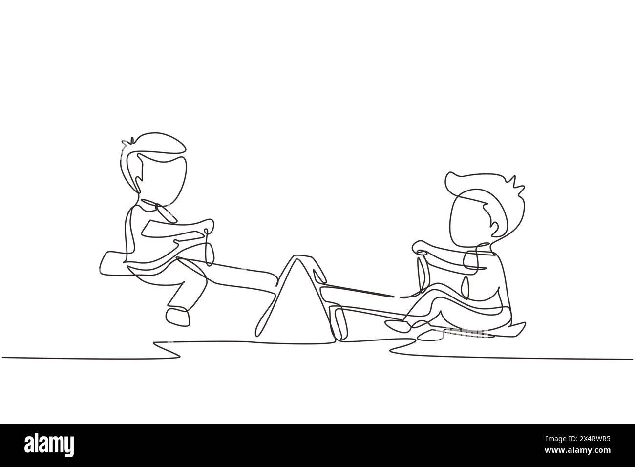 Continuous one line drawing two little boys swinging on seesaw. Kids ...
