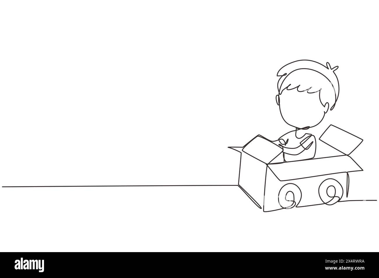 Single one line drawing boy driving cardboard car. Happy child ride on ...