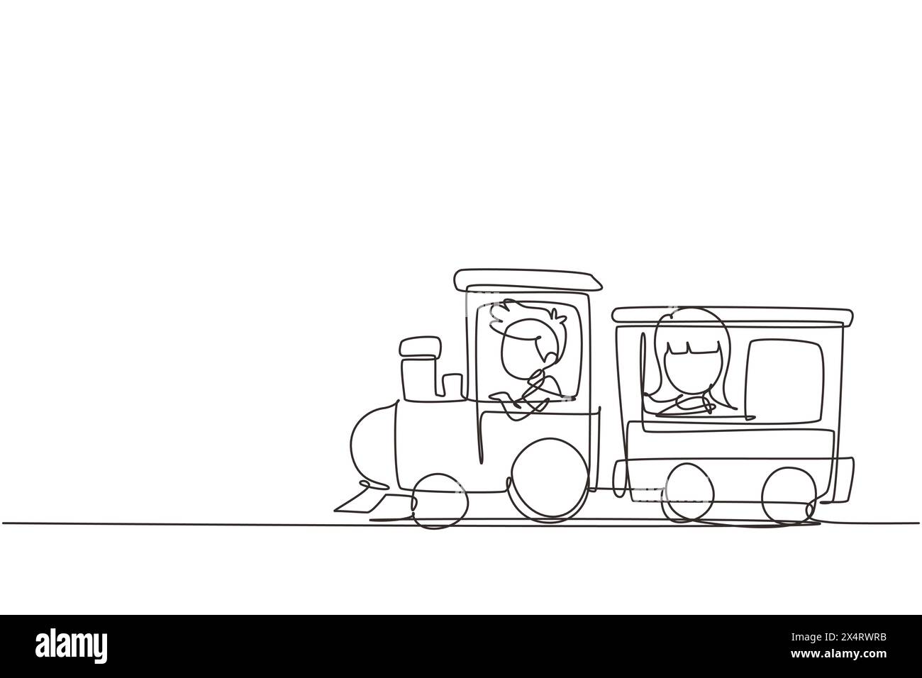 Single continuous line drawing cheerful boy and girl riding on train at ...