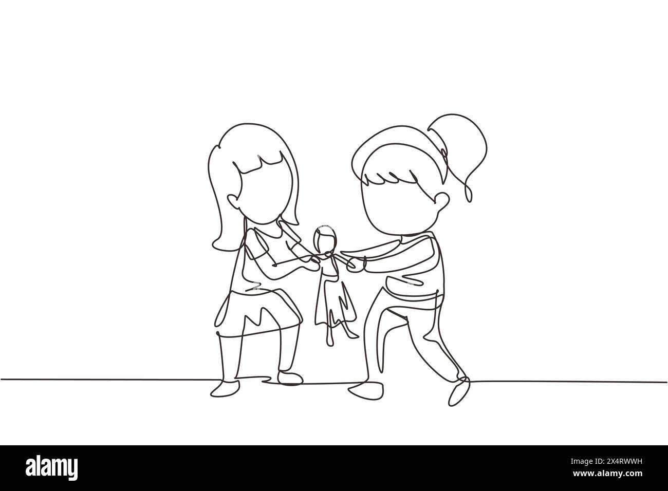 Single one line drawing two little girls fighting over a princess doll ...