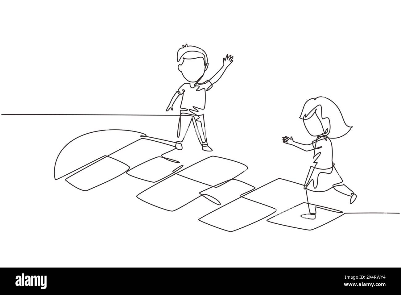 Single continuous line drawing little girl and boy playing hopscotch at ...