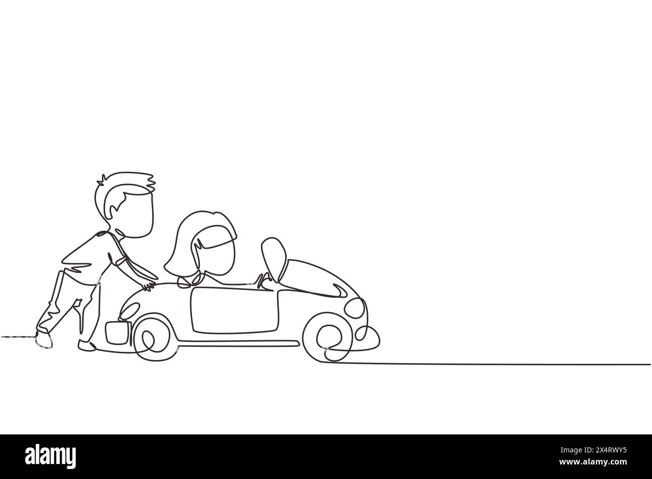 Continuous one line drawing a boy is pushing his friend's car in the ...