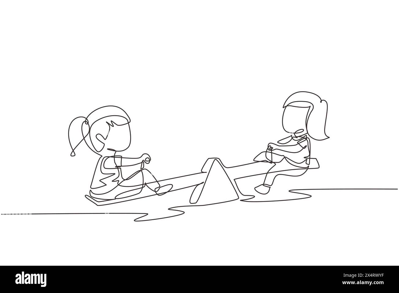 Continuous one line drawing two little girls swinging on seesaw. Kids ...