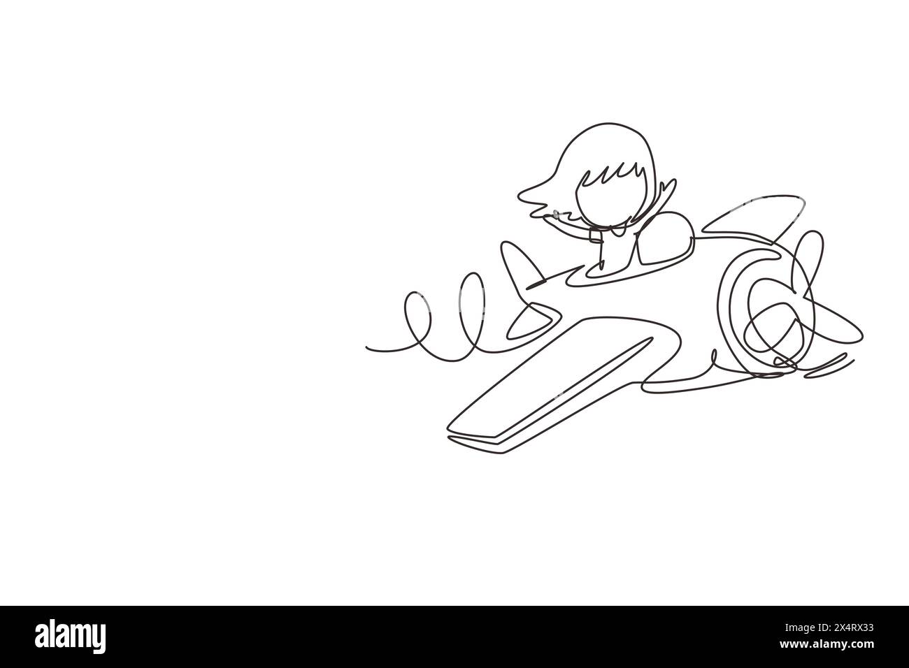 Single one line drawing little girl operating plane. Kids flying in ...