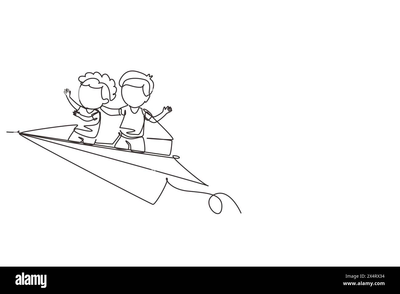 Single one line drawing happy two little boys flying on paper plane ...