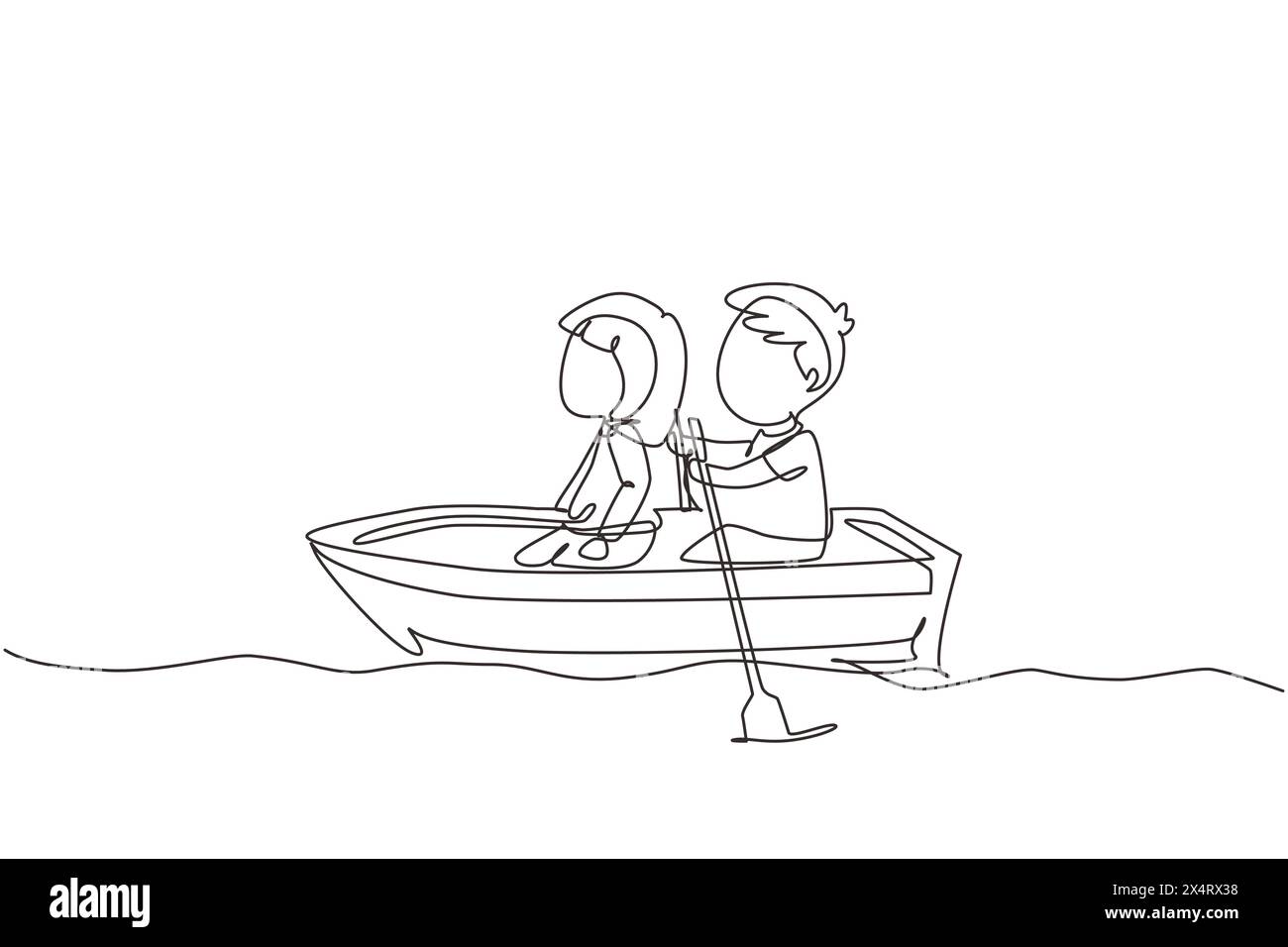 Single continuous line drawing little boy and girl riding on boat ...