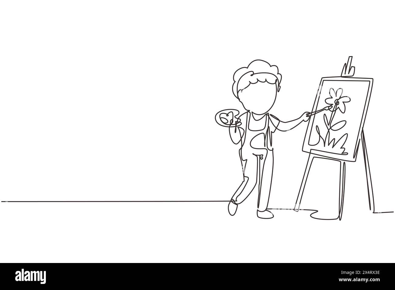 Single continuous line drawing happy cute little kid boy draw on canvas ...