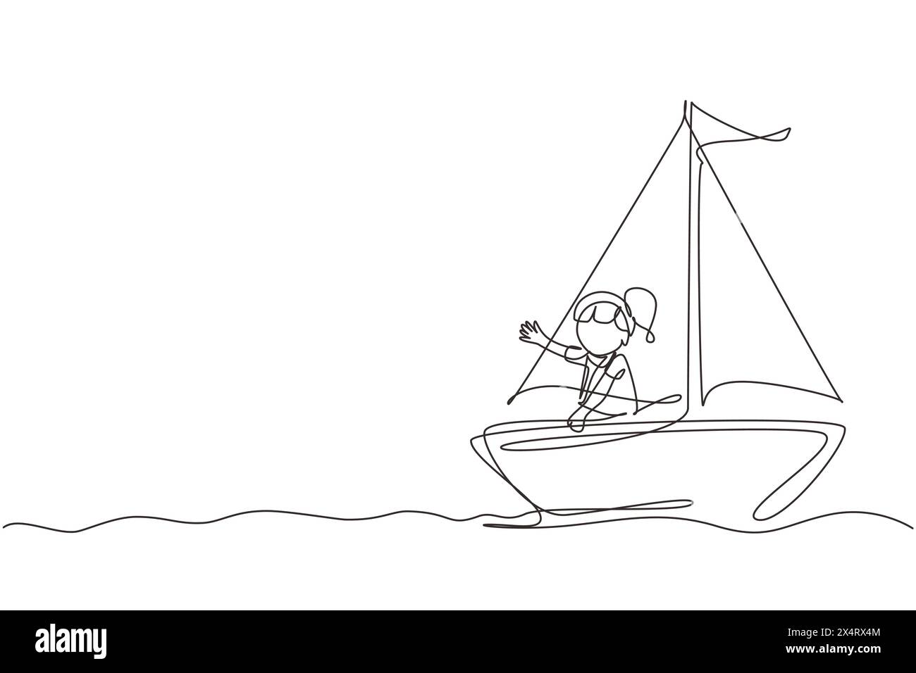 Single continuous line drawing smiling little girl in sailboat. Happy ...
