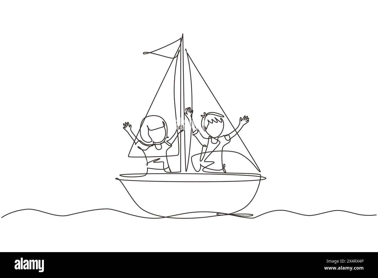 Continuous one line drawing smiling boy and girl in sailboat together ...
