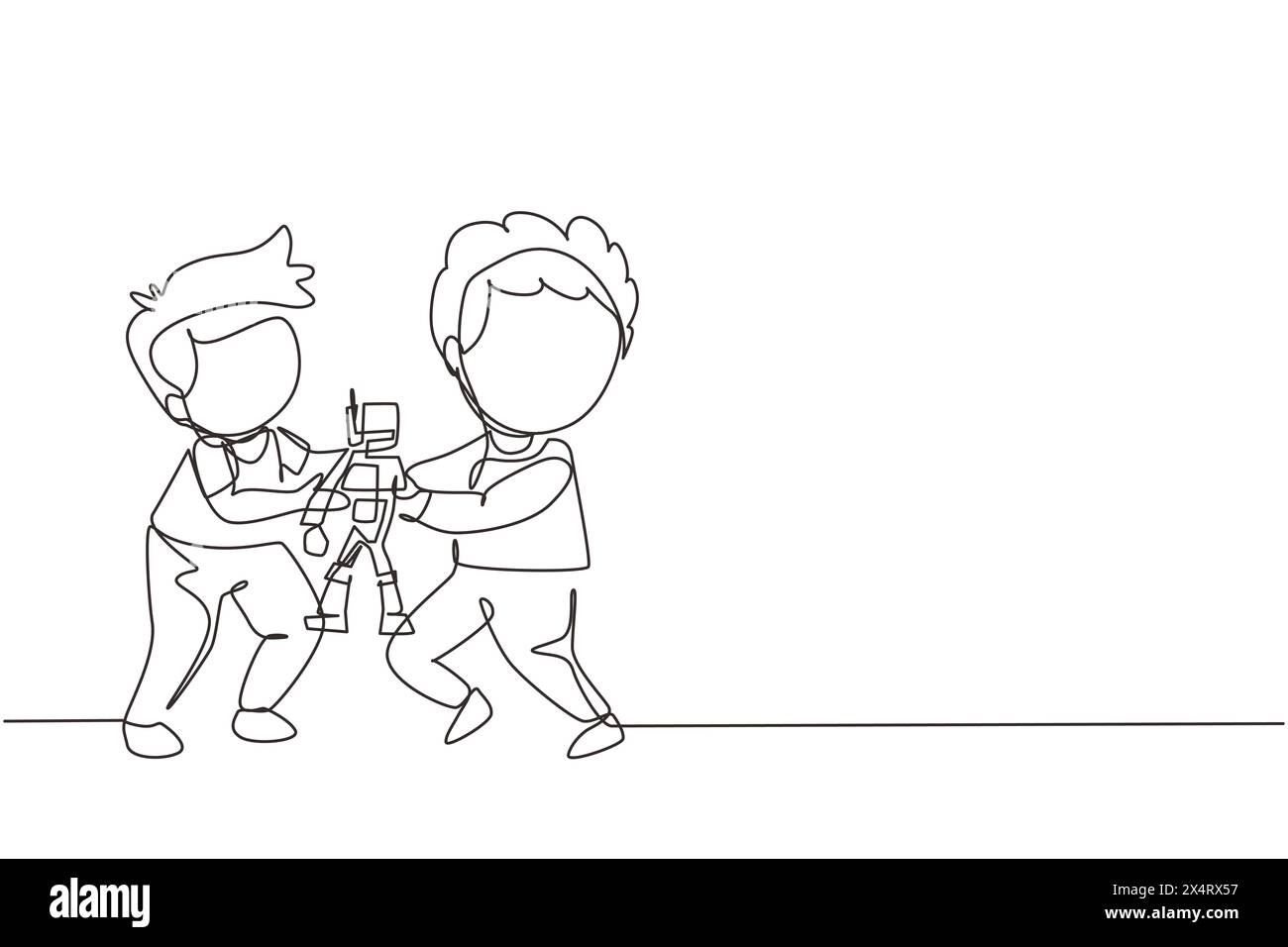 Single continuous line drawing two little boys fighting over a robot toy. Conflict between ...