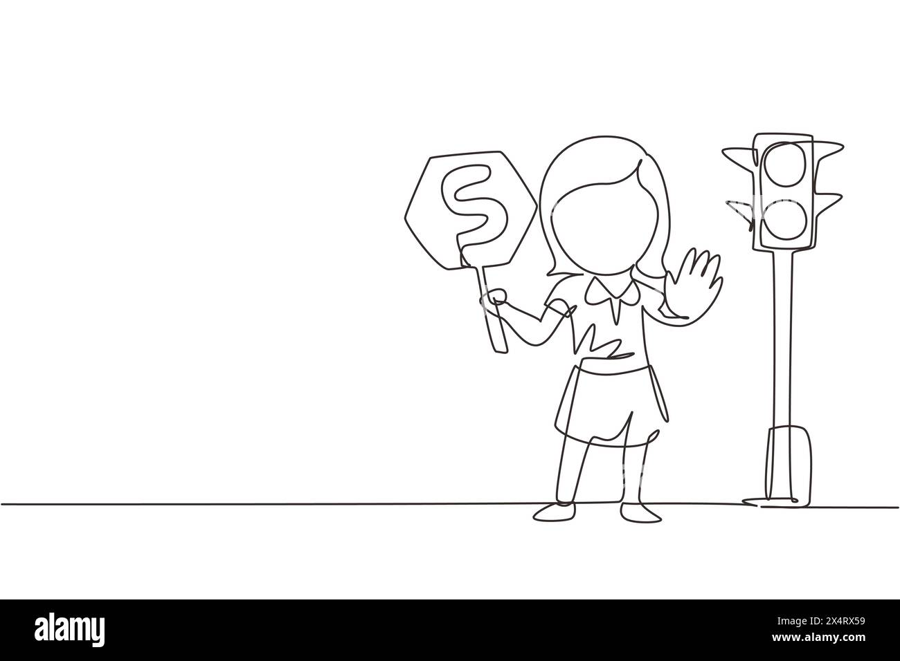 Continuous one line drawing little girl holding stop sign in arm ...