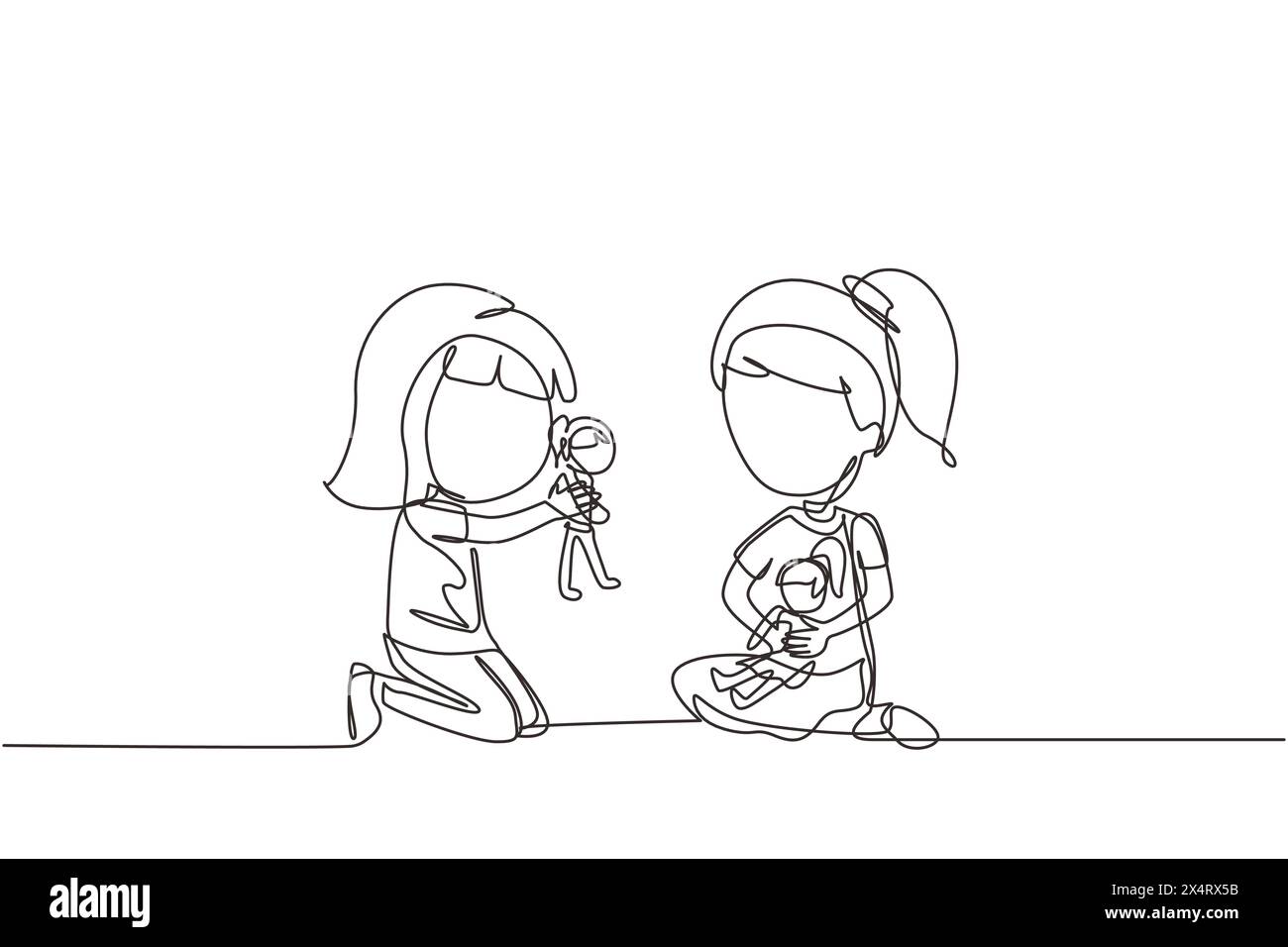 Continuous one line drawing smiling girls kids playing with dolls ...