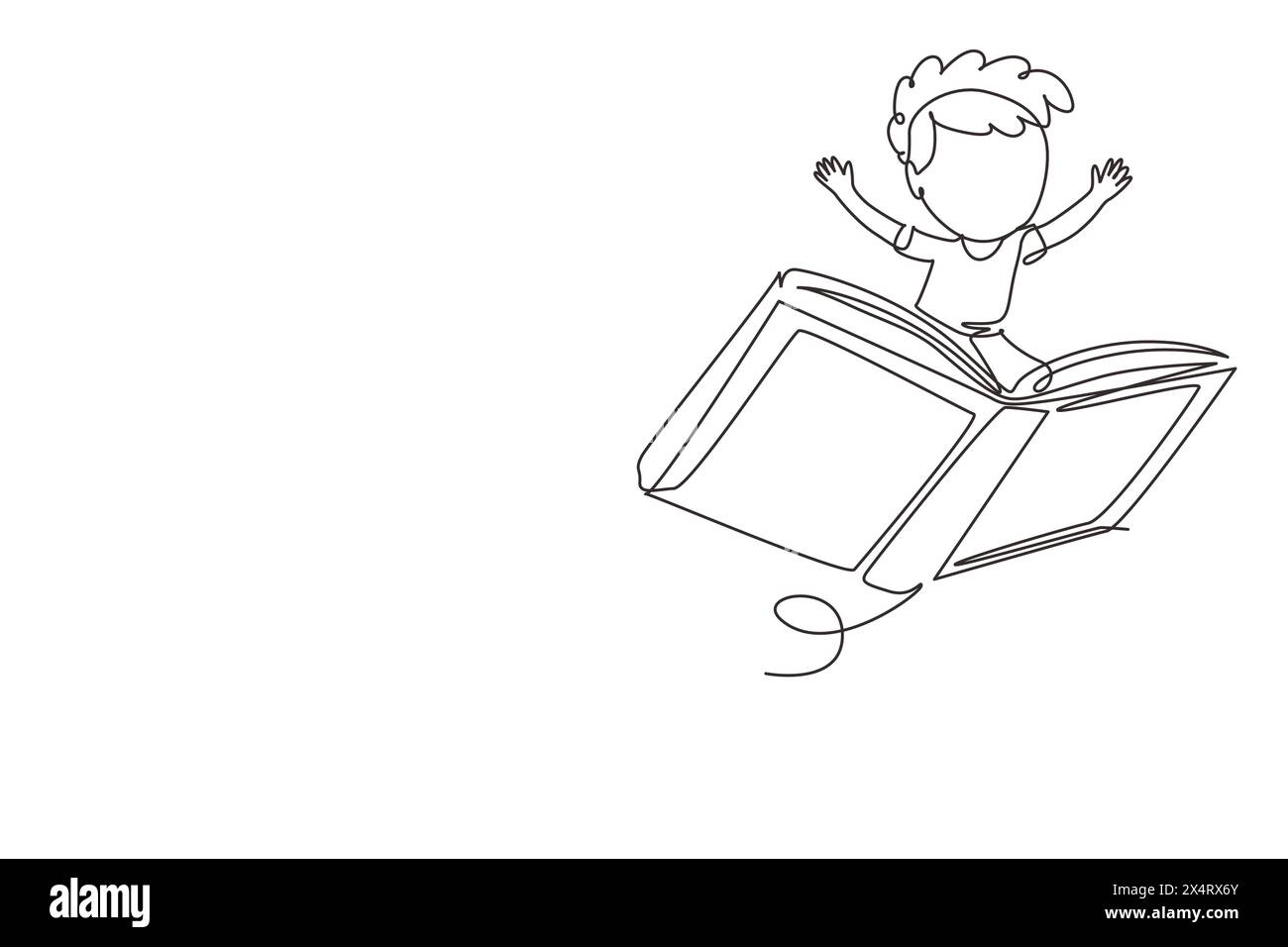 Continuous one line drawing happy smiling preschooler kid boy flying on ...