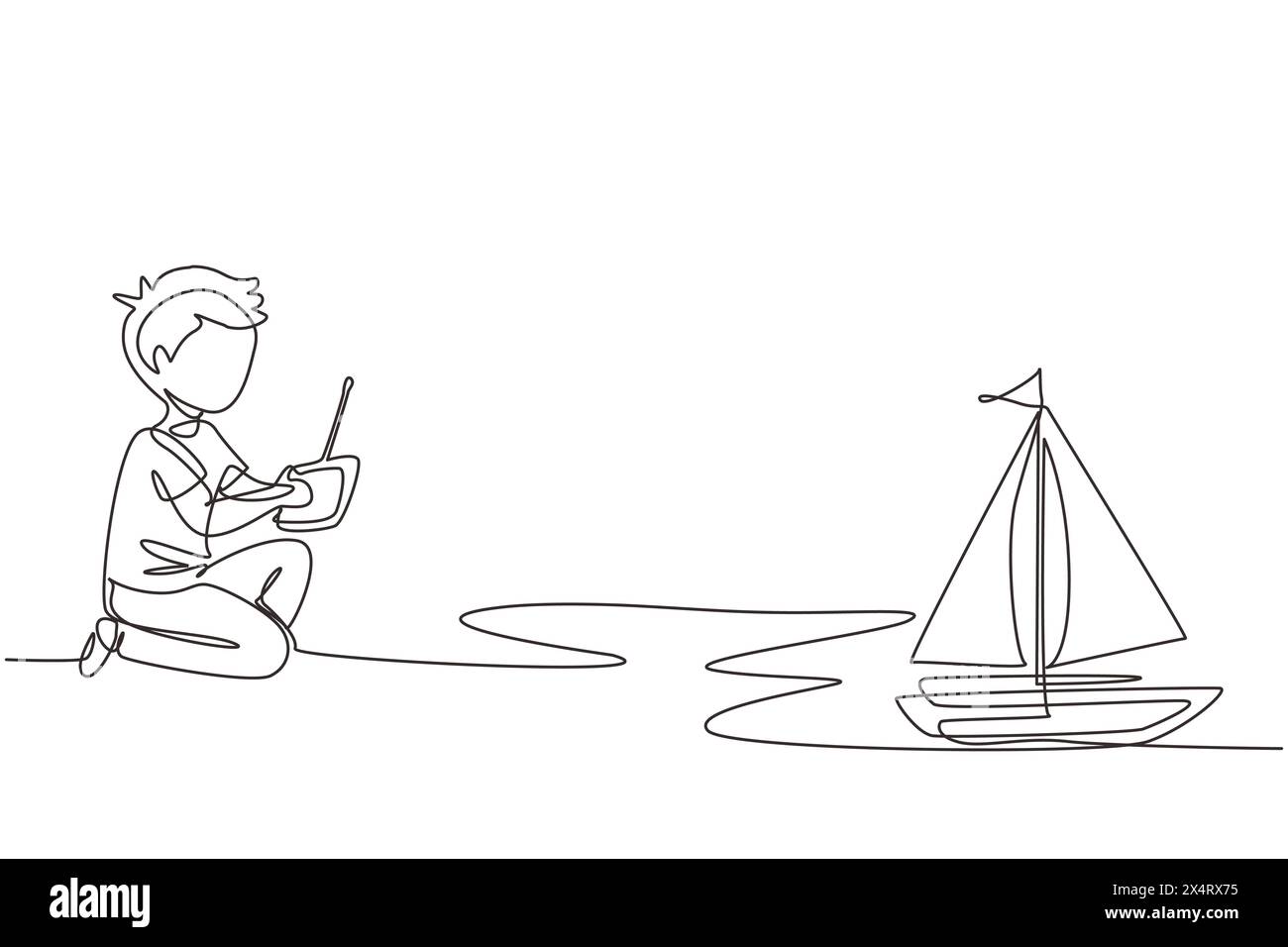 Single continuous line drawing boy playing with remote-controlled sailboat toy. Kids playing ...