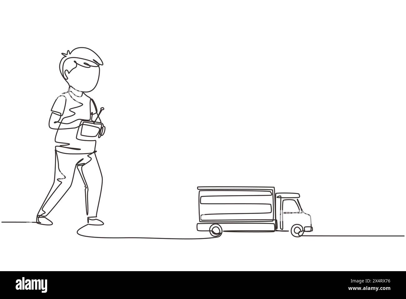 Single continuous line drawing boy playing with remote-controlled cargo ...
