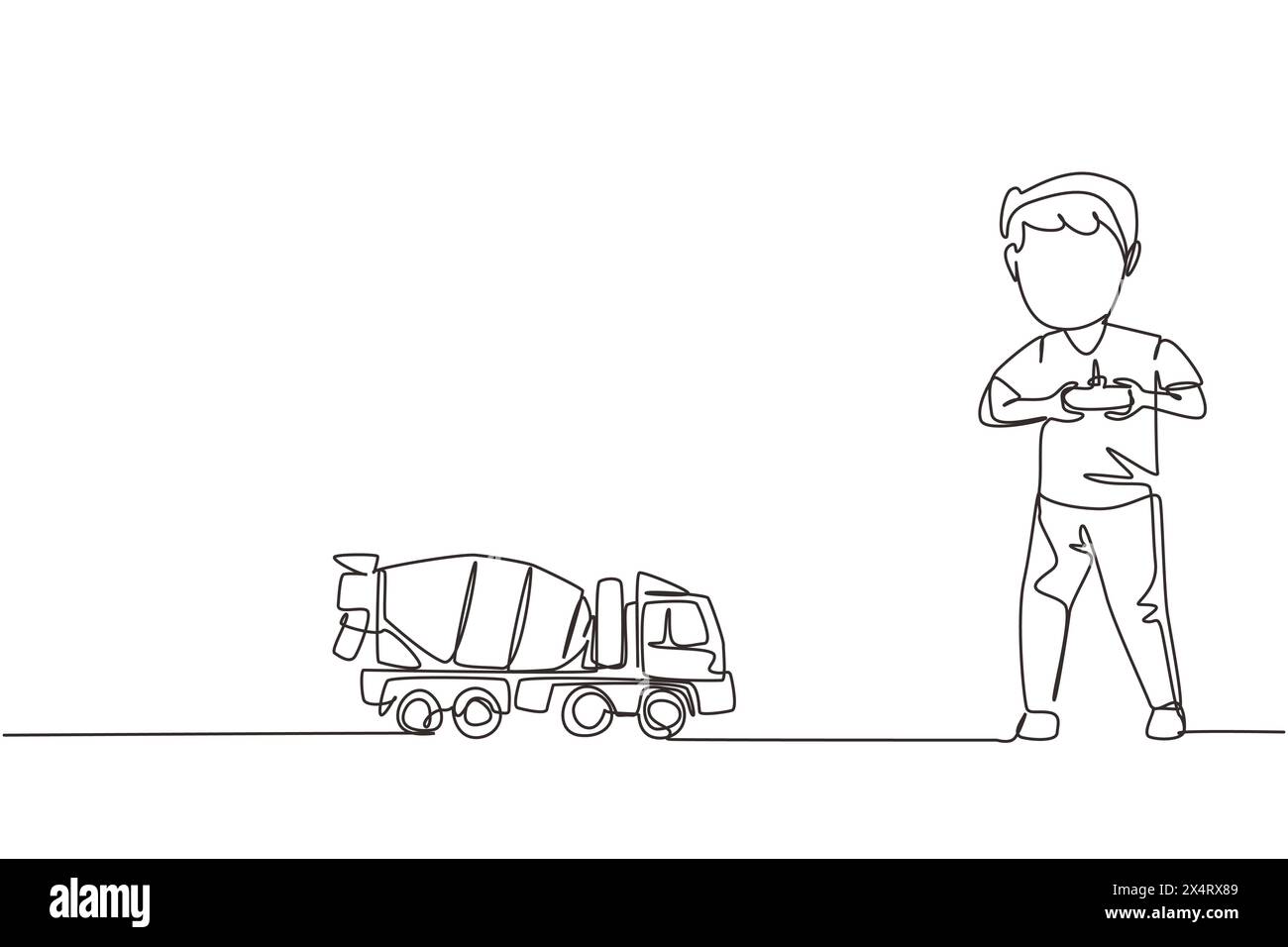 Continuous one line drawing boy playing with remote-controlled mixer ...