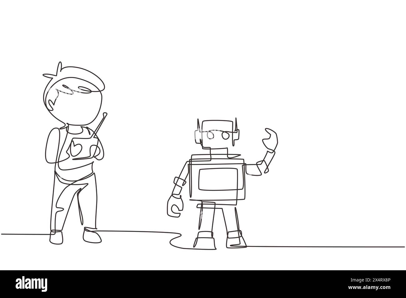 Single one line drawing boy playing with remote-controlled robot toy ...