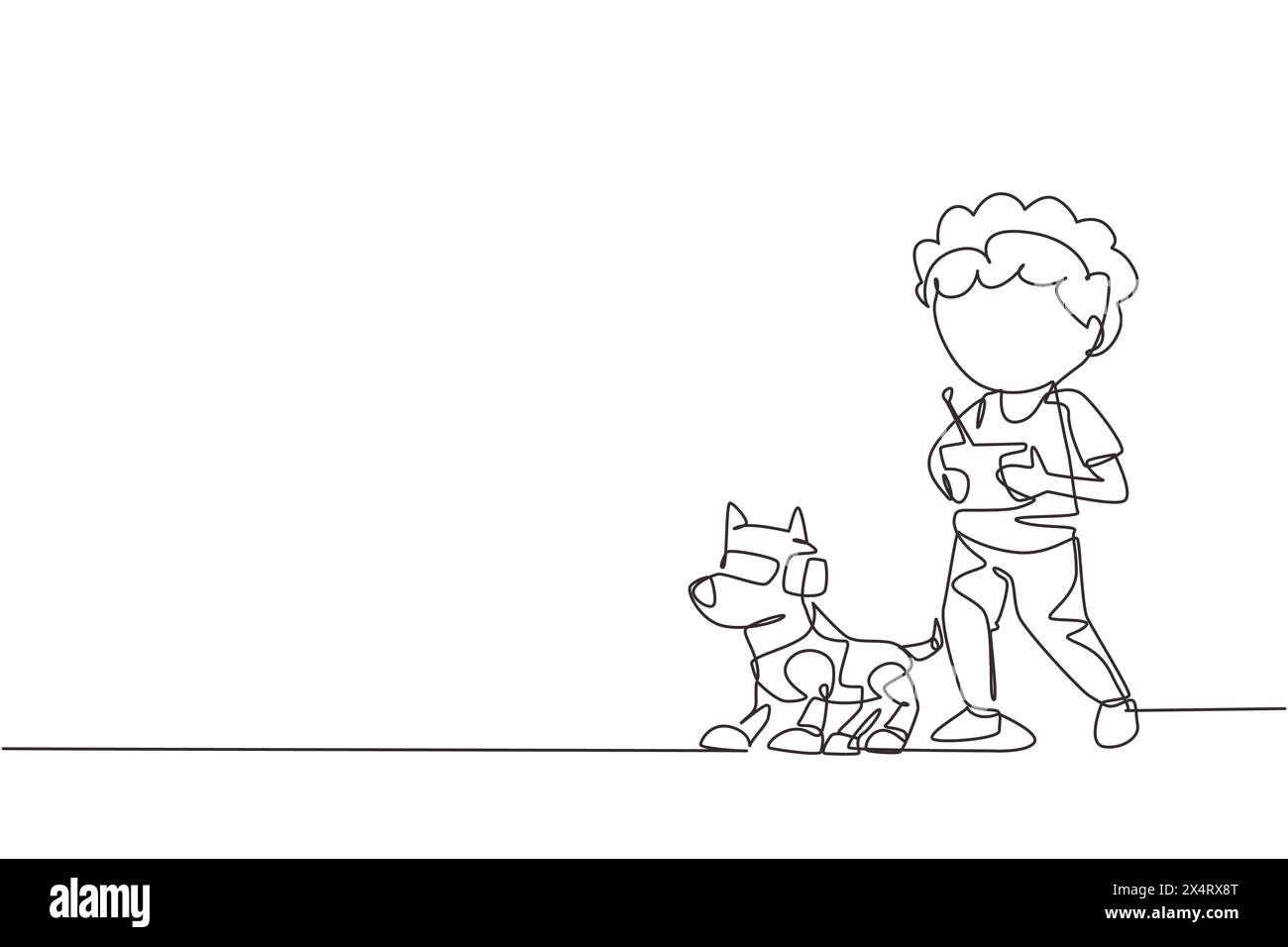 Single one line drawing boy playing with electronic toy dog robot with ...