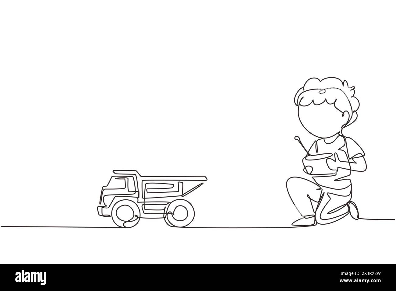 Single continuous line drawing boy playing with remote-controlled dump ...
