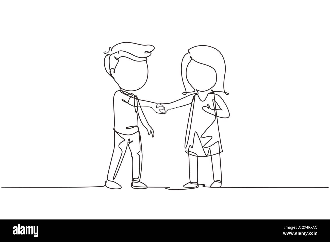 Single one line drawing boys and girls standing and shaking hands ...
