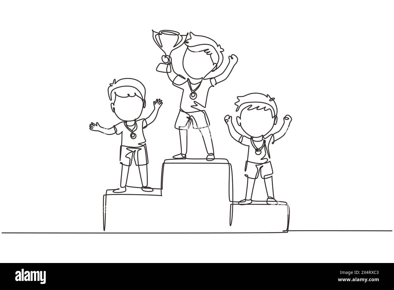 Single continuous line drawing cute boy standing on podium as sport ...