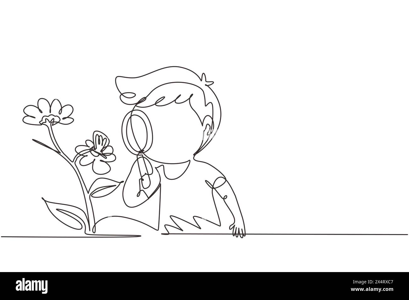 Single one line drawing little boy using magnifying glass and observing ...