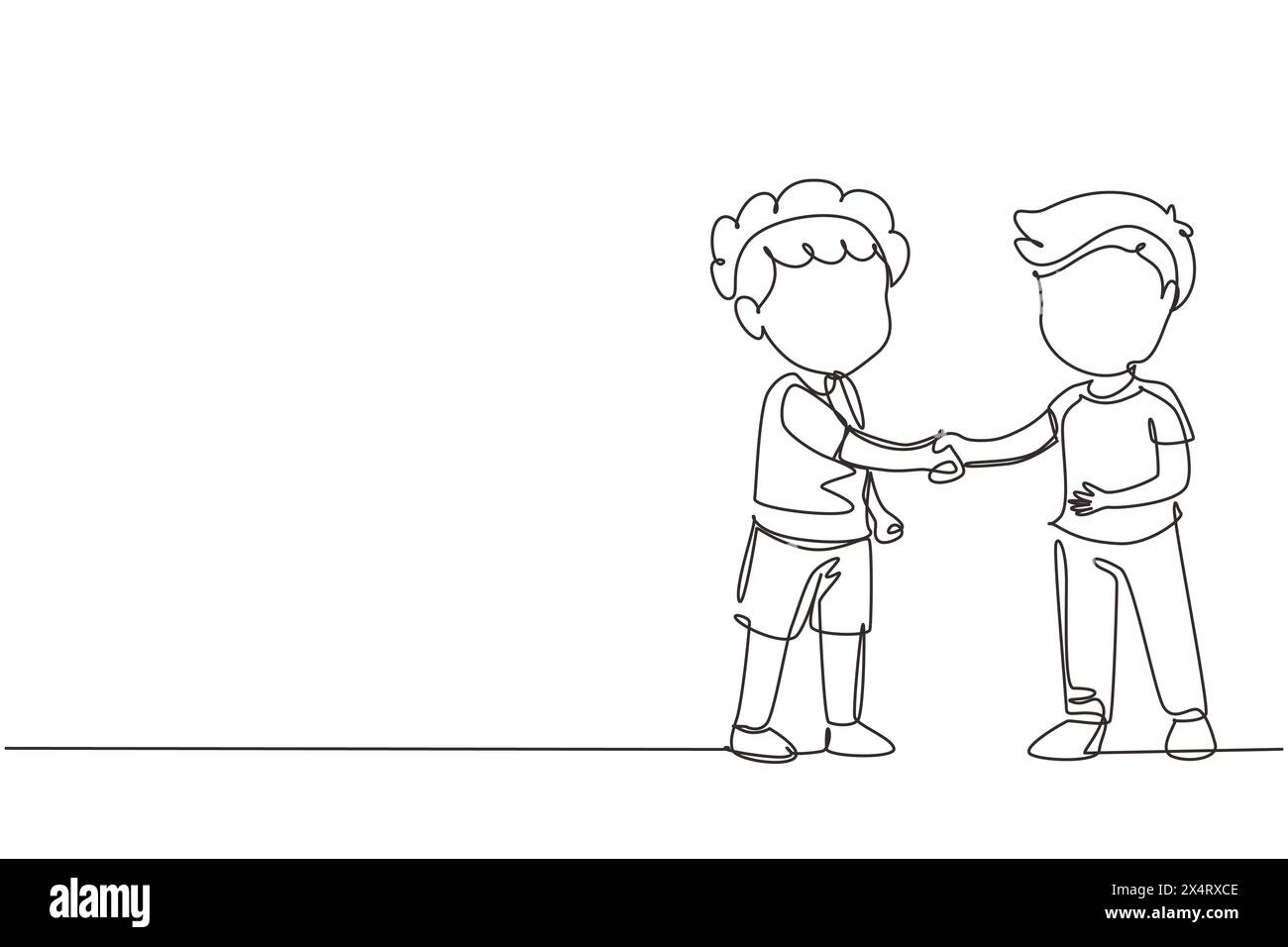 Single one line drawing boys standing and shaking hands making ...