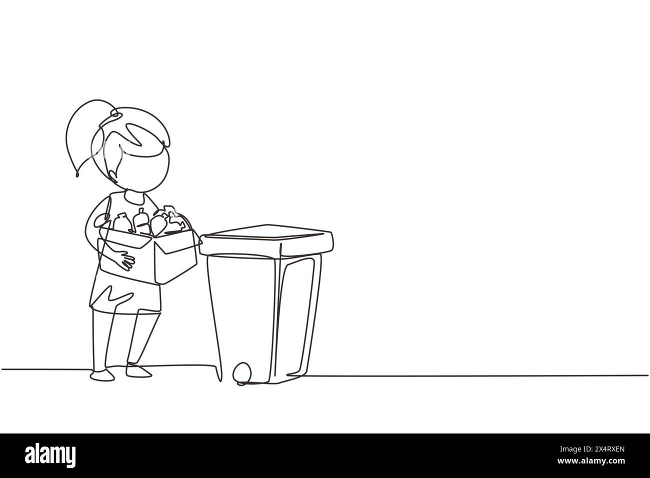 Single continuous line drawing girl gathering garbage and plastic waste ...