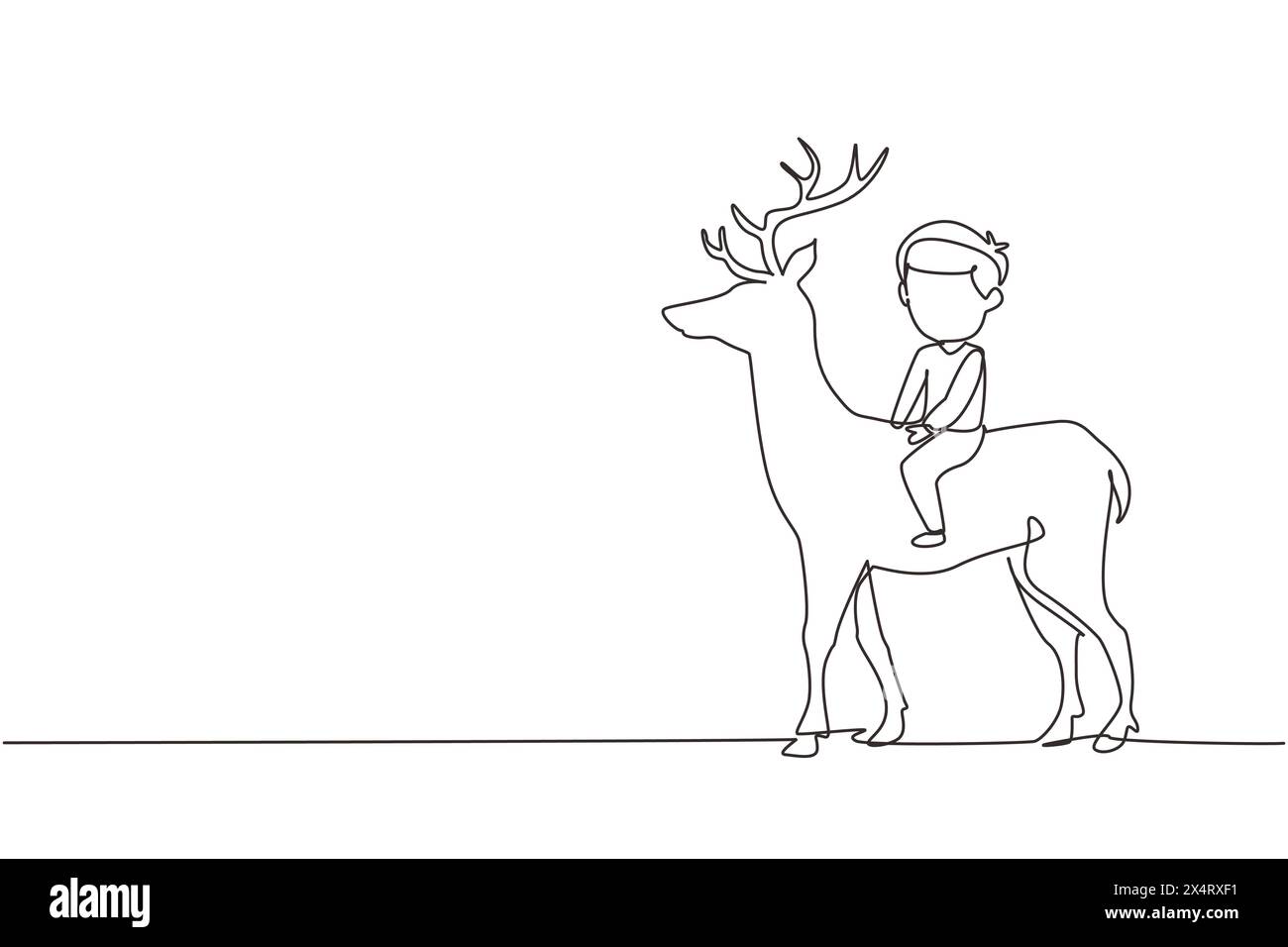 Single continuous line drawing happy little boy riding deer. Child ...