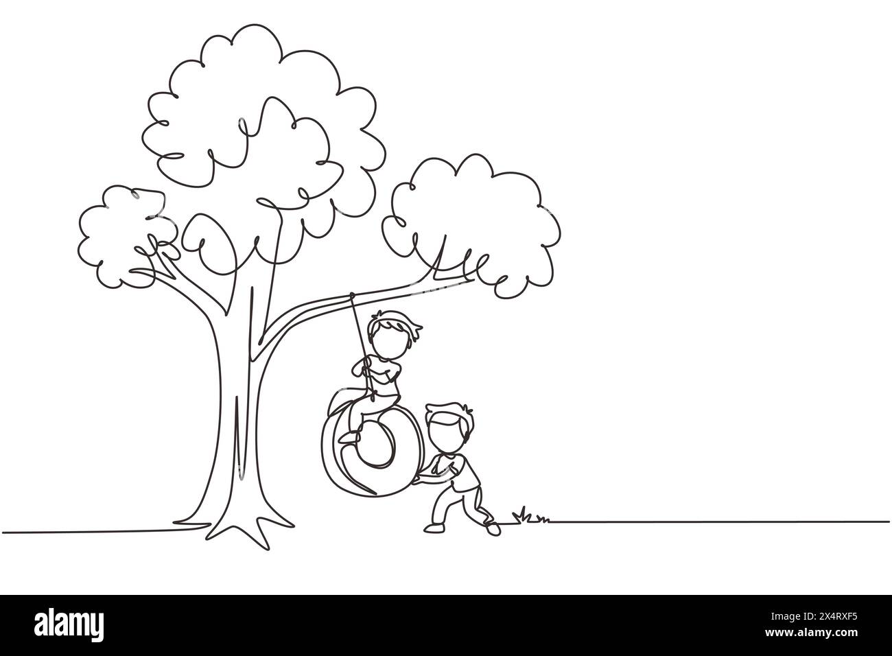 Single continuous line drawing happy two boys playing tire swing under ...