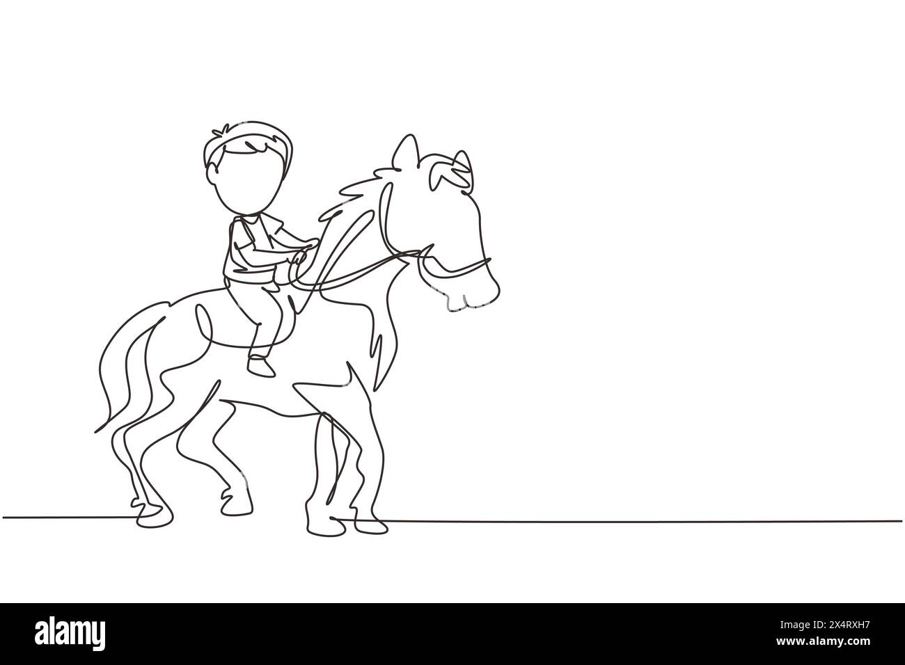 Single continuous line drawing happy cute boy riding cute horse. Child ...