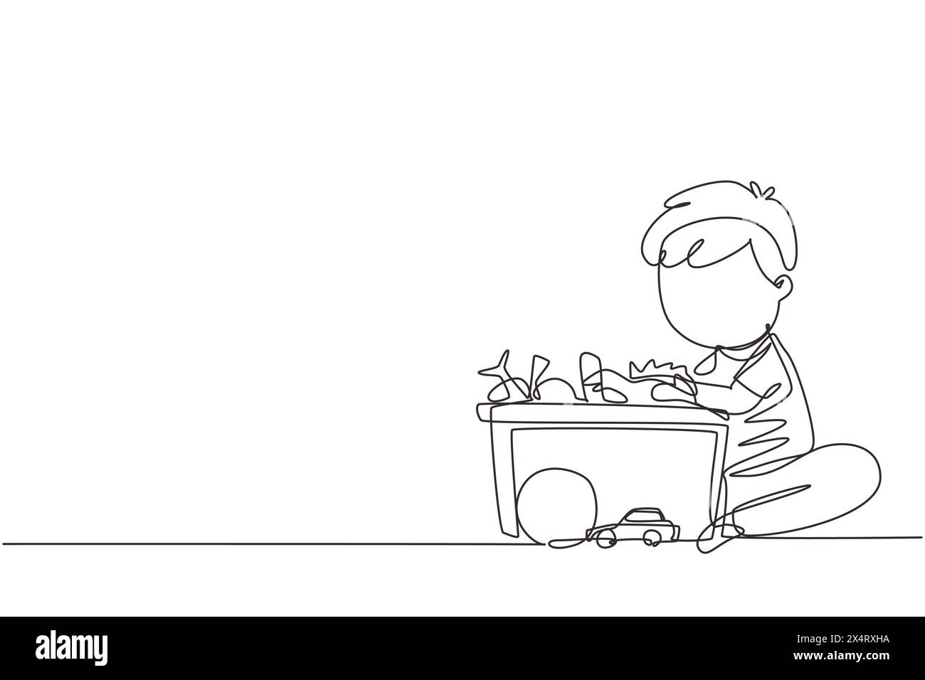 Single continuous line drawing little boy putting his toys into box ...