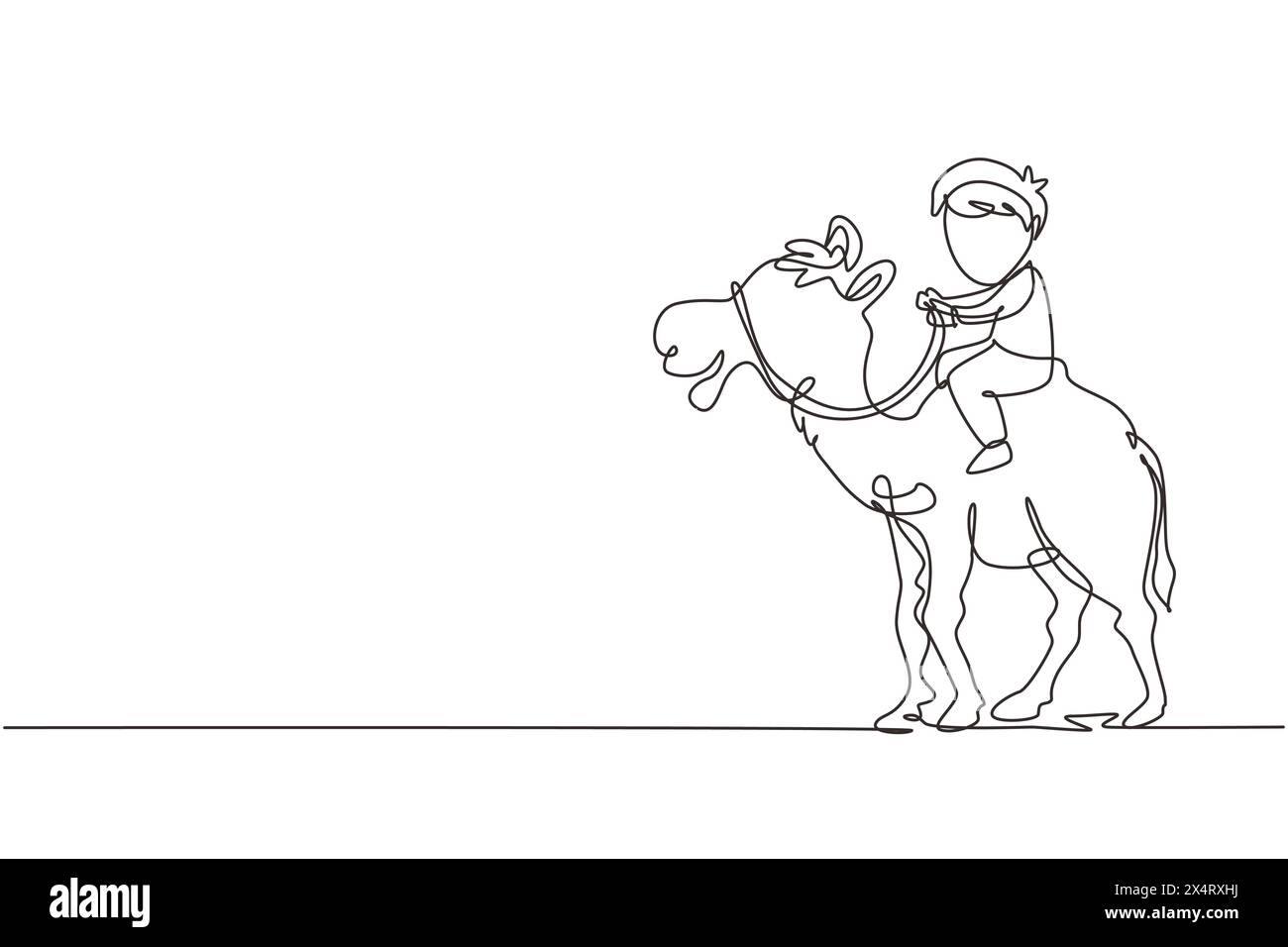 Single one line drawing happy little boy riding camel. Child sitting on ...