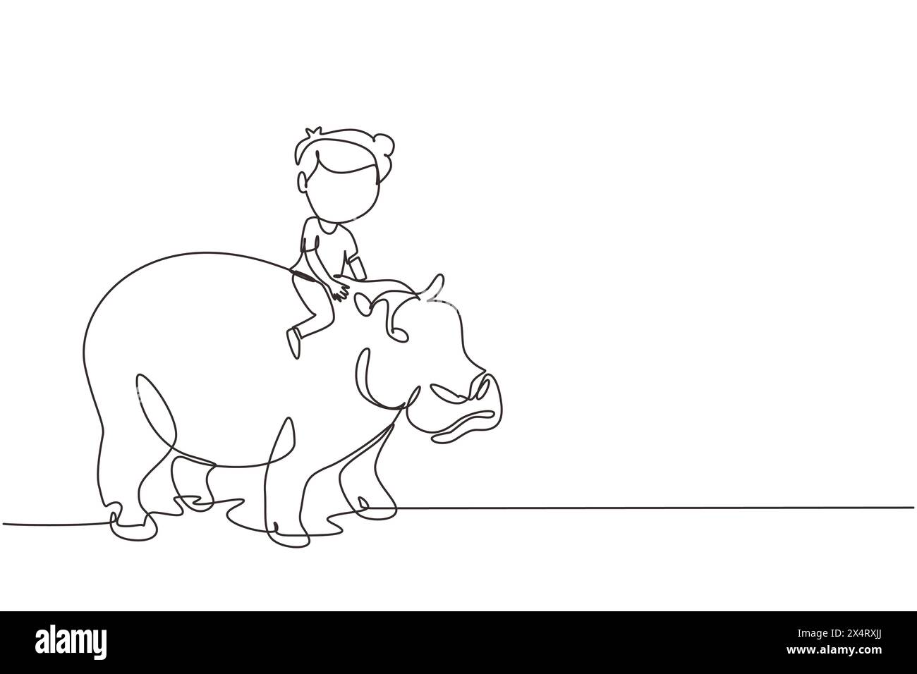Single continuous line drawing happy little boy riding hippo. Child ...