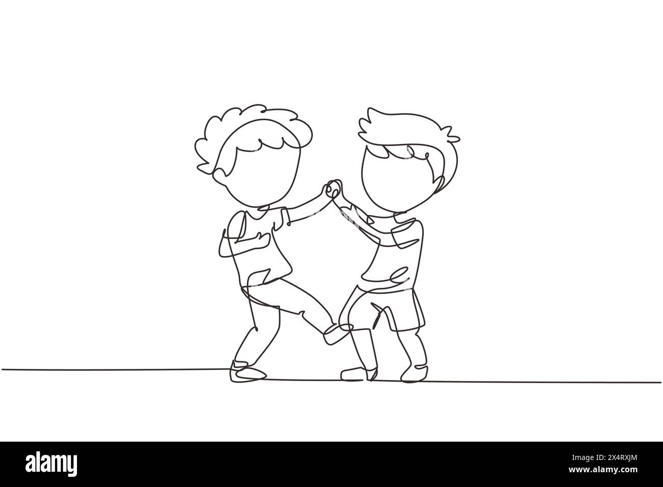 Single one line drawing angry preschool boys kids fighting each other ...