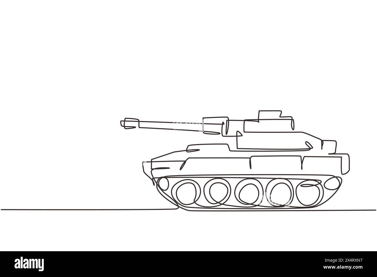 Single one line drawing children's toy battle tank. Green tank, armored ...