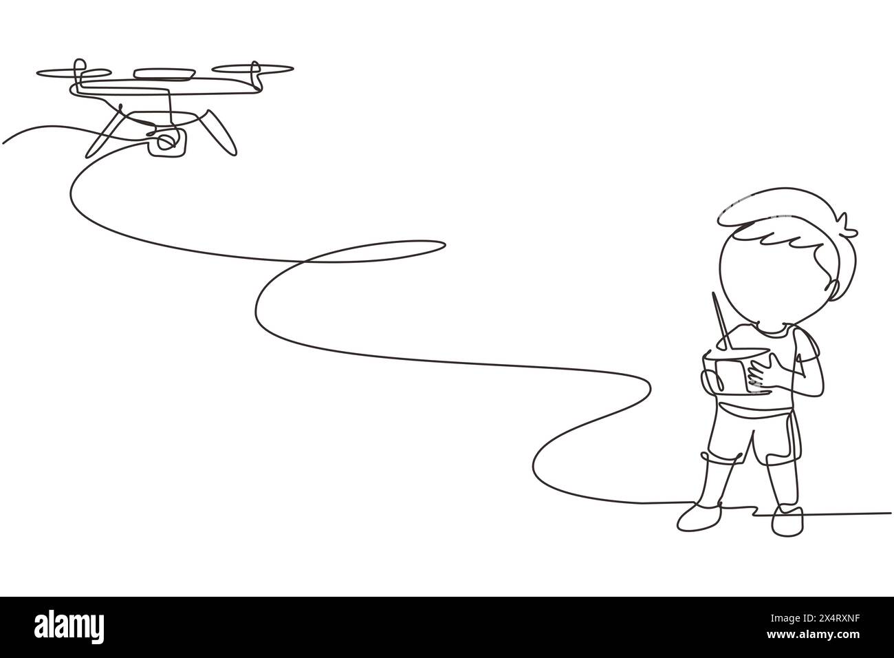Single one line drawing boy with remote control drone. Kid playing with ...