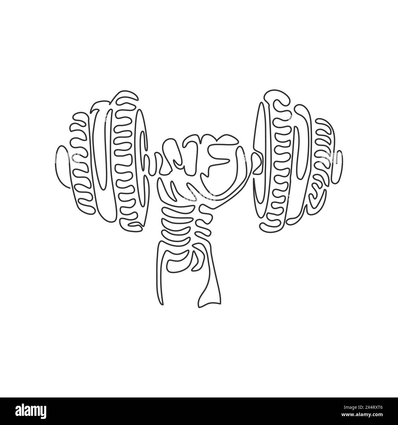 Continuous one line drawing athletic sportsman arm holding dumbbell. Fitness workout. Barbell ...